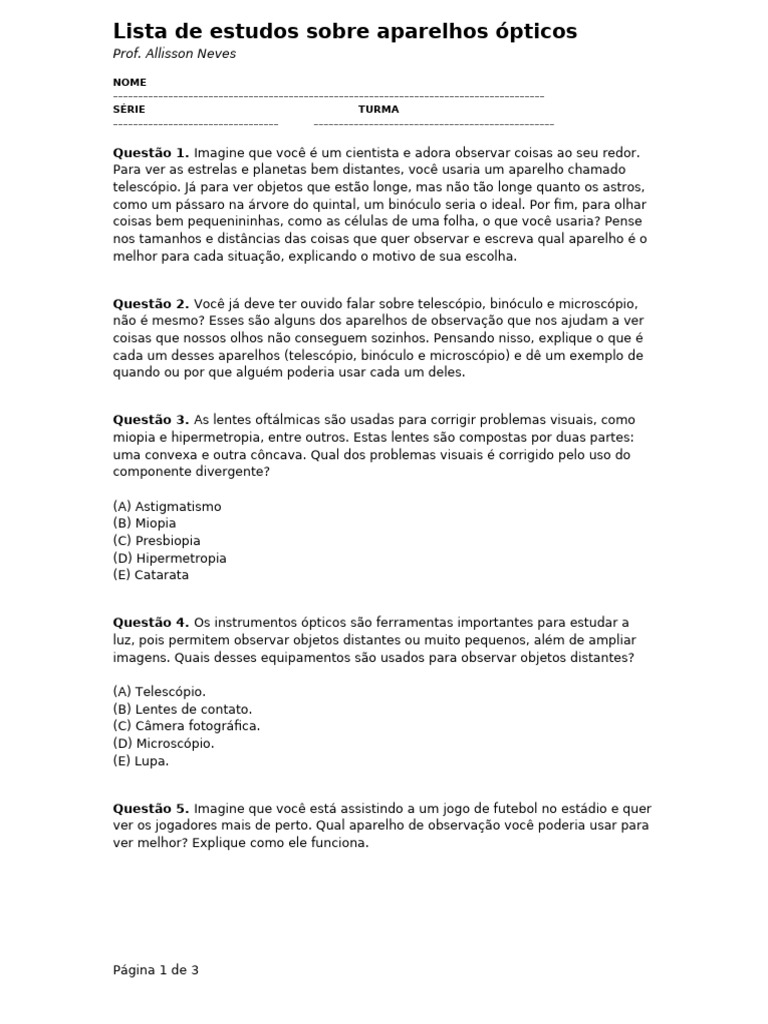 Lista de Estudos Sobre Aparelhos Pticos Aluno | PDF | Miopia | Ótica
