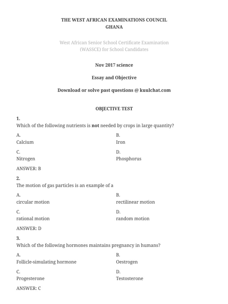 WASSCE 2017 Science Past Questions | PDF | Grafting | Hydrocarbons