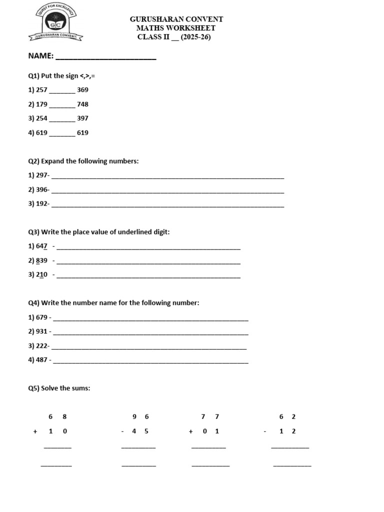 Worksheet Maths Class 2 | PDF