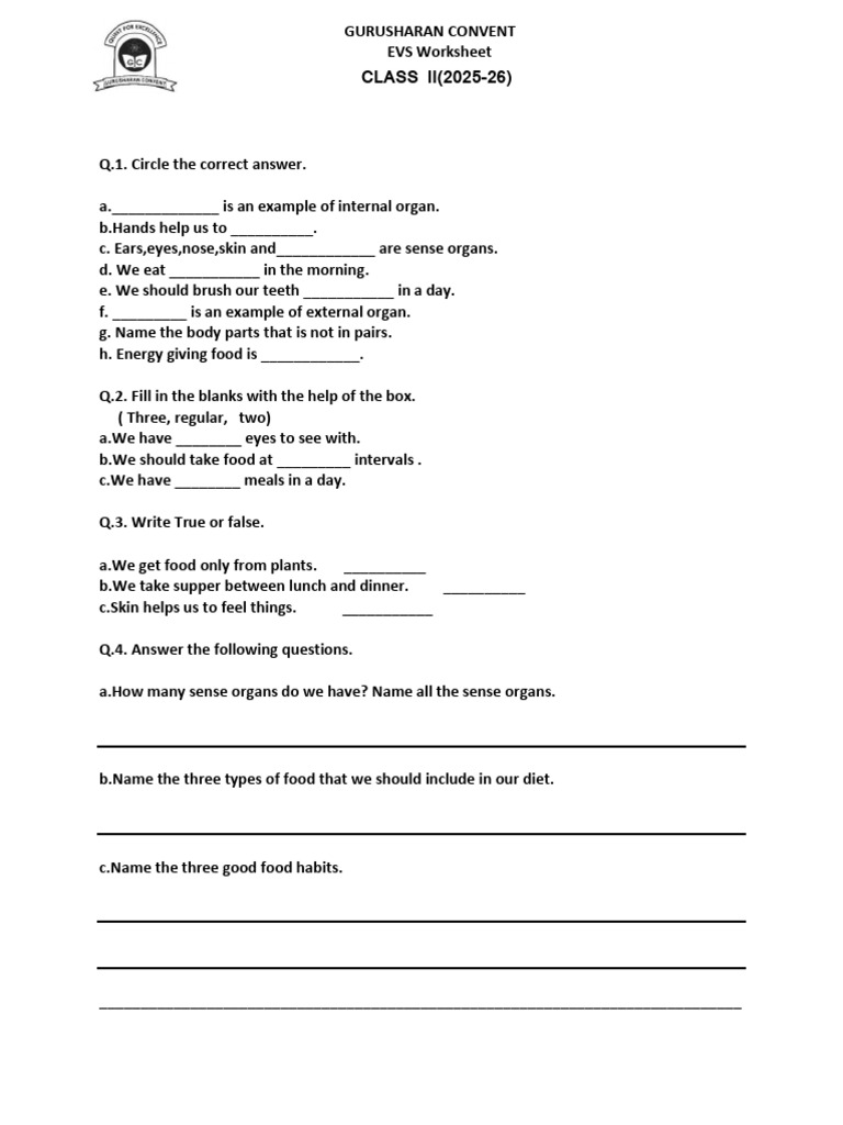 Evs Worksheet For Class Ii Students Pdf