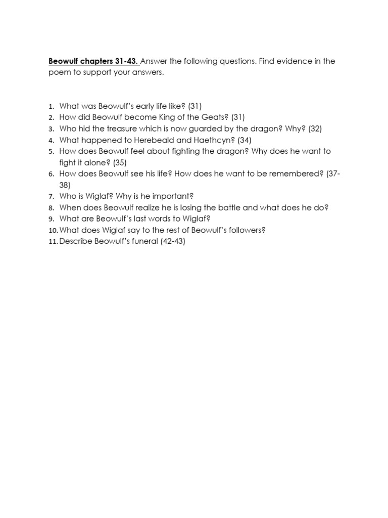 Beowulf Plot Questions Chapters 31-43 | PDF