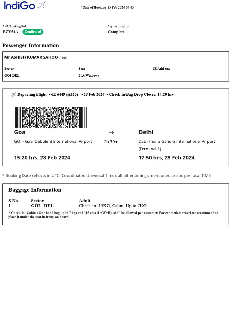 6e 28feb Goi-Del MR Ashish Kumar Sahoo E-Ticket | PDF | Aviation | Payments