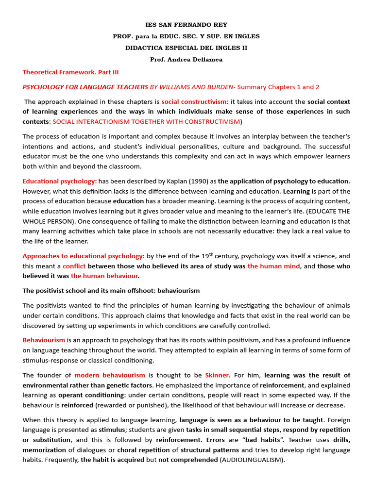 Theoretical Framework. Part III. Psychology For L Teachers. Summary CH 1 and 2 | PDF ...