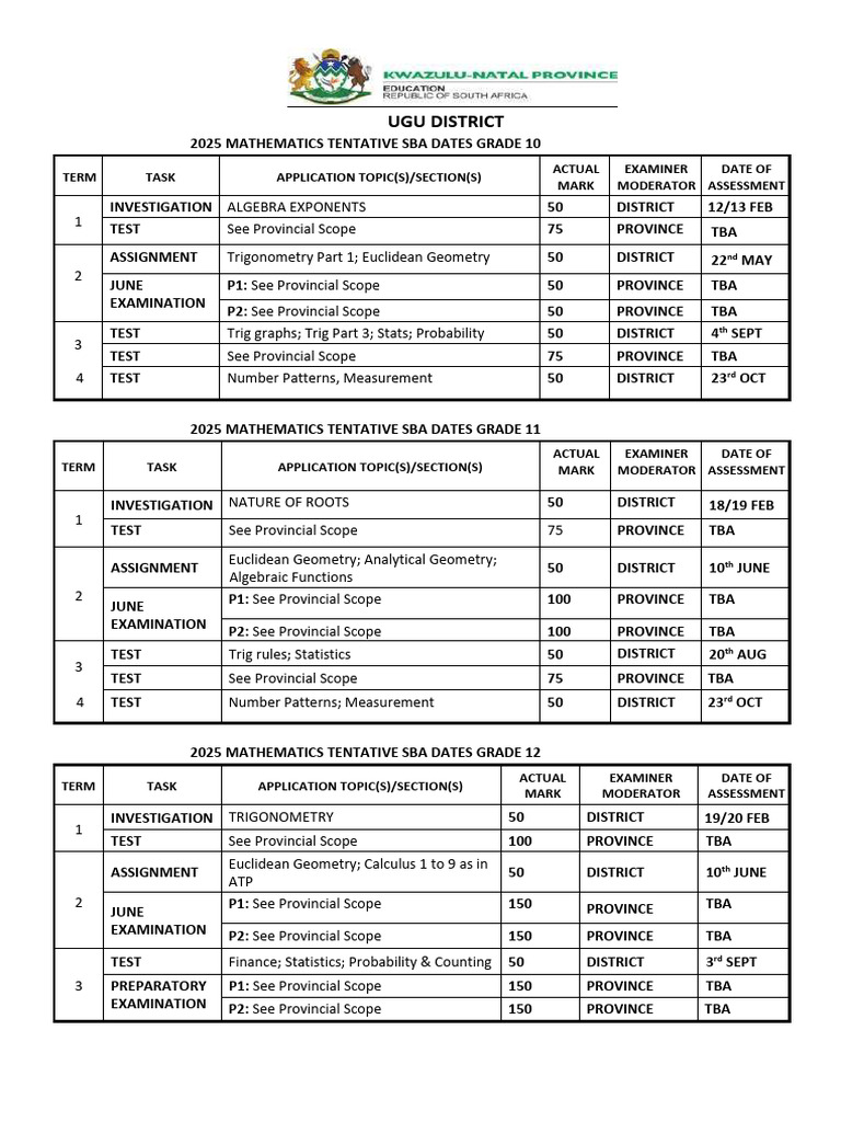 Mathematics Sba Tentative Dates 2025 | PDF | Mathematics | Geometry