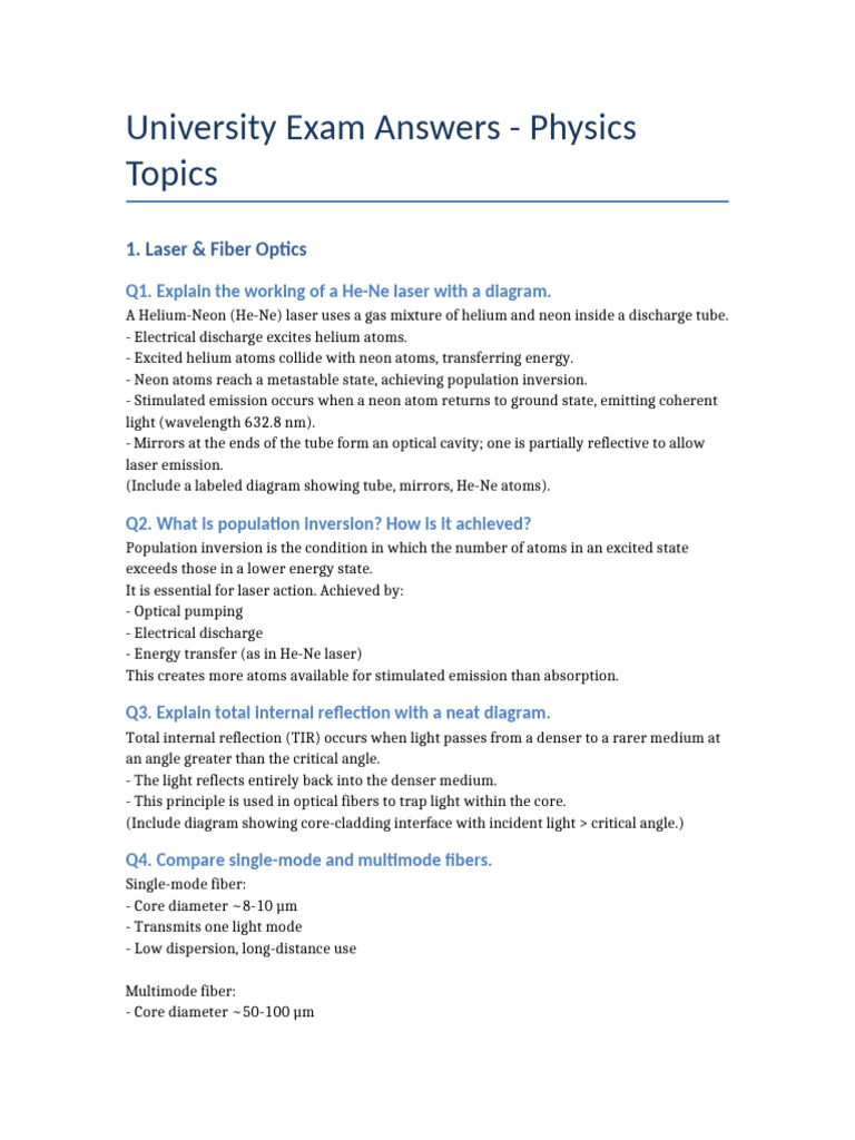 University Physics Exam Answers | PDF | Laser | Physical Chemistry