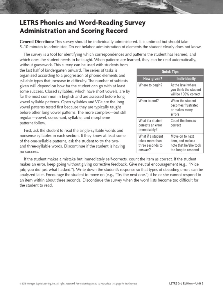 LETRS Phonics Survey Administration Guide | PDF | Phonics | Syllable