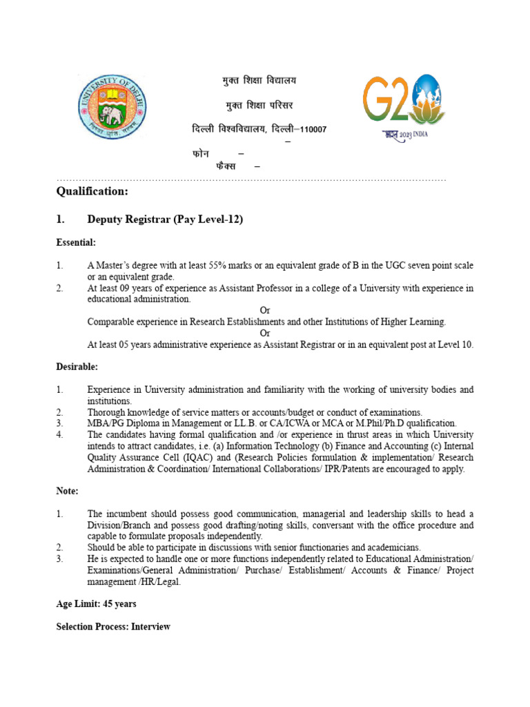 Deputy Registrar Position at Delhi University | PDF