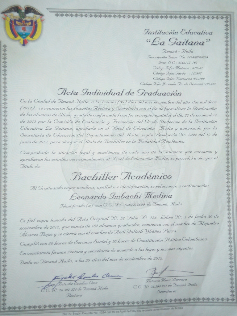 Acta de Grado Bachiller HD | PDF