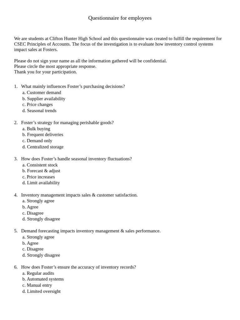 Questionnaire For Employees Jhavaine Jackto | PDF