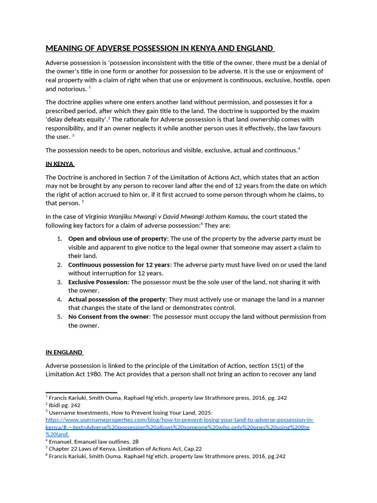 Meaning of Adverse Possession in Kenya and England (Ashley Githinji ...