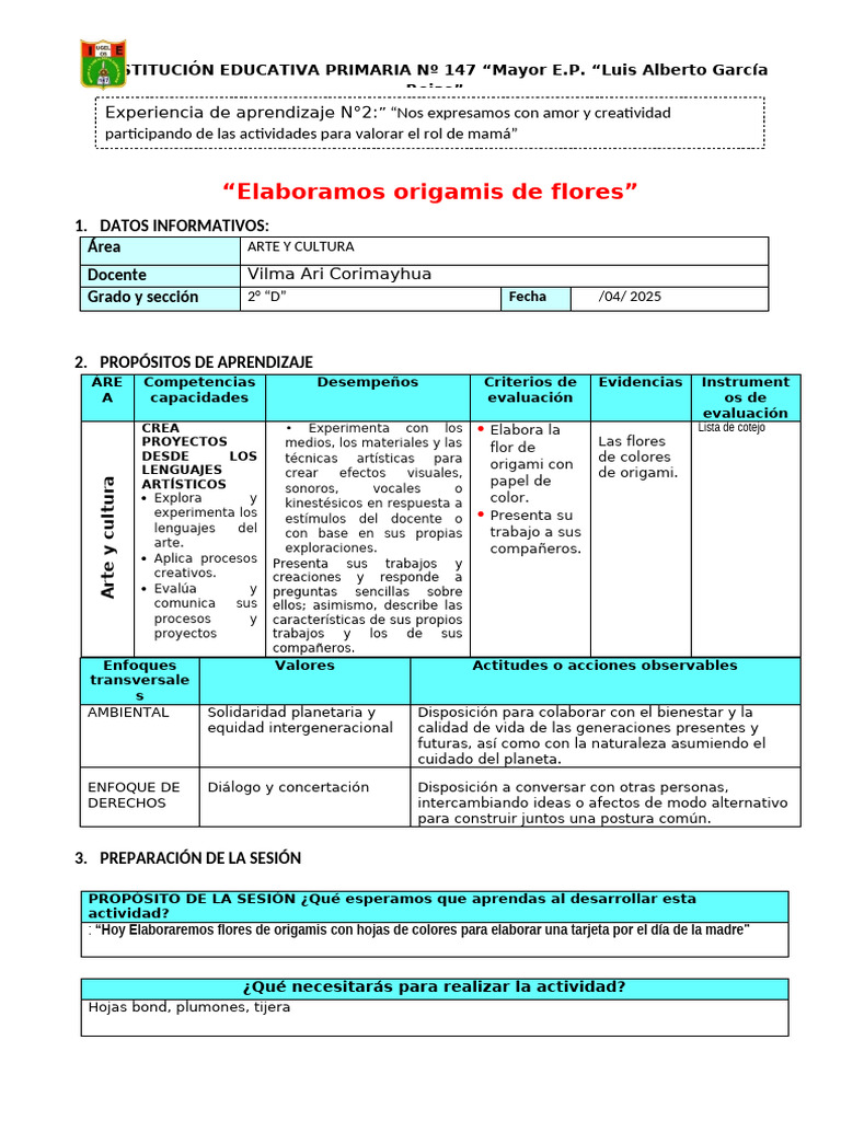 Arte 2-U2 Fflores de Origami | PDF | Evaluación | Aprendizaje