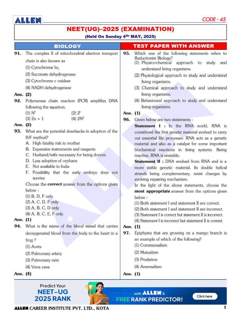 Allen NEET 2025 Biology Test Paper | PDF