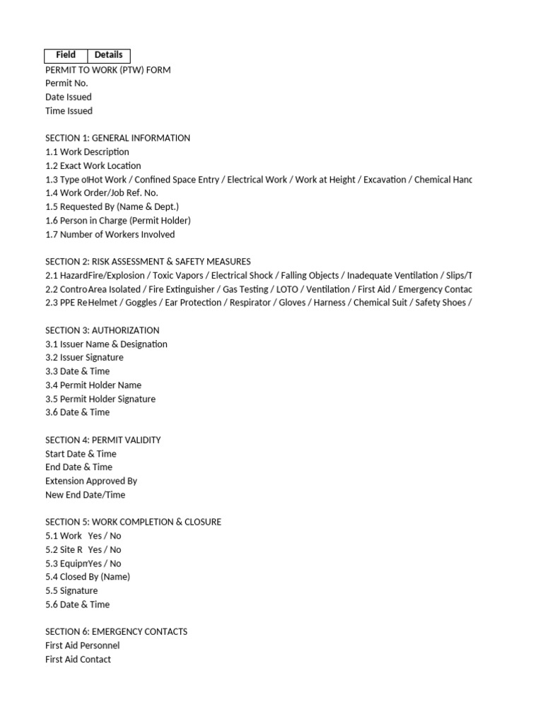 Permit To Work Template | PDF