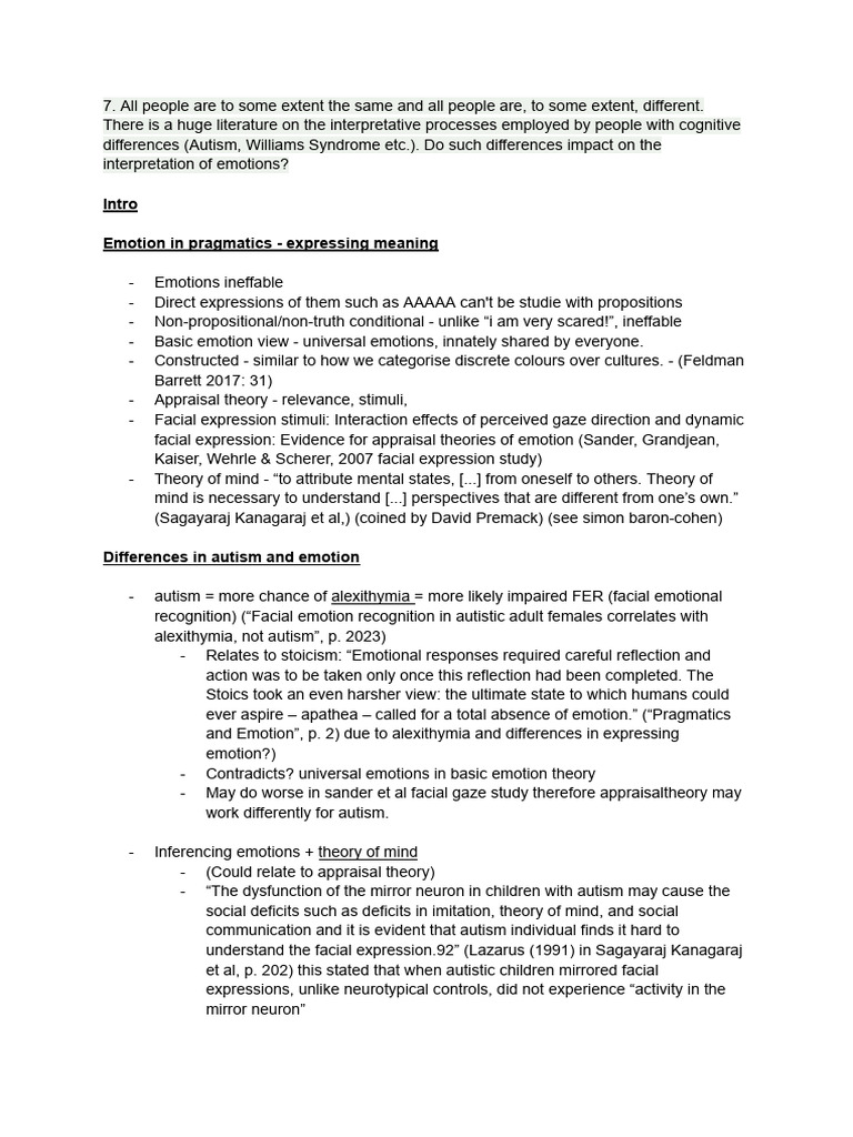 Autism and Emotion Interpretation Essay Plan | PDF | Emotions | Theory ...
