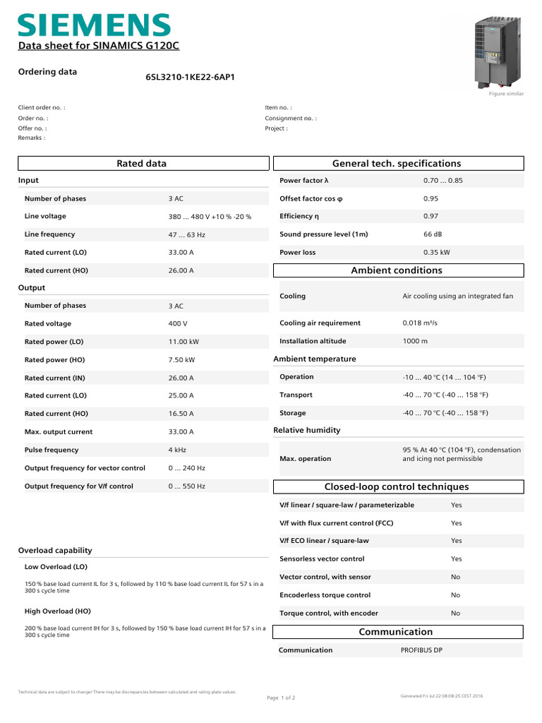 SIEMENS SINAMICS G120 6SL3210 1KE22 6AP1 Datasheet En | PDF ...