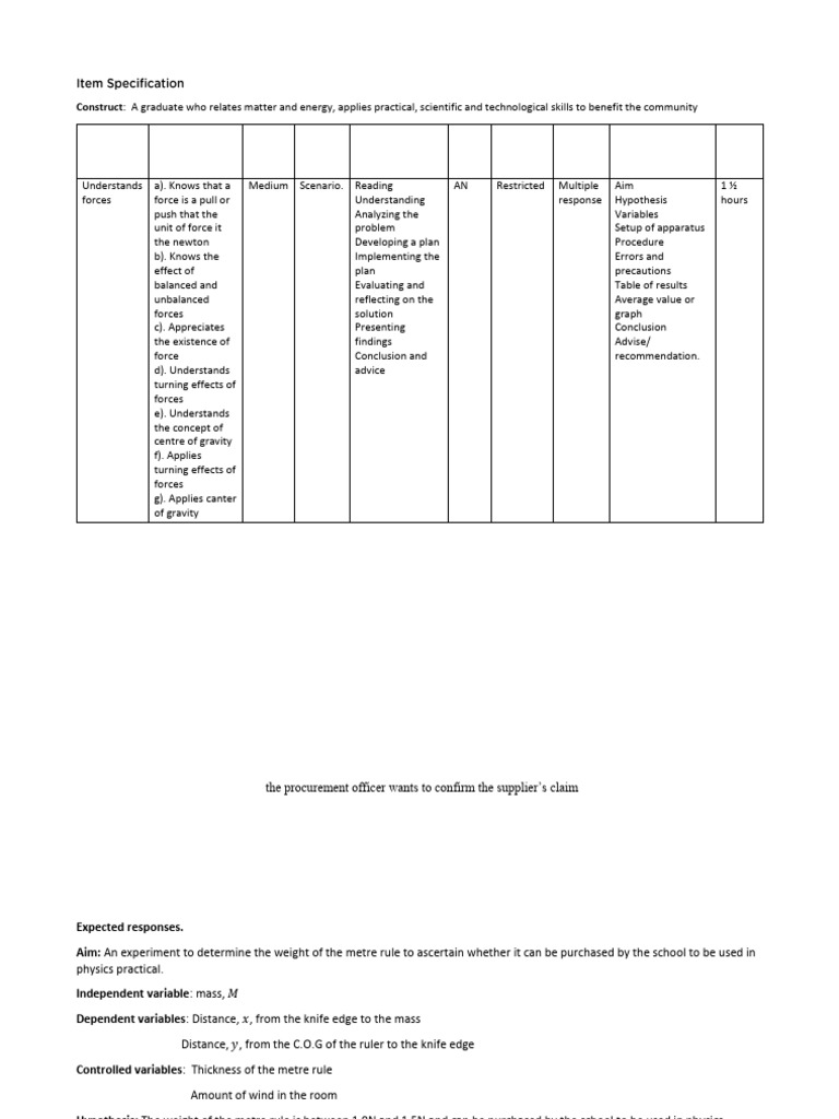 Item Specification Group Physics | PDF | Force | Weight