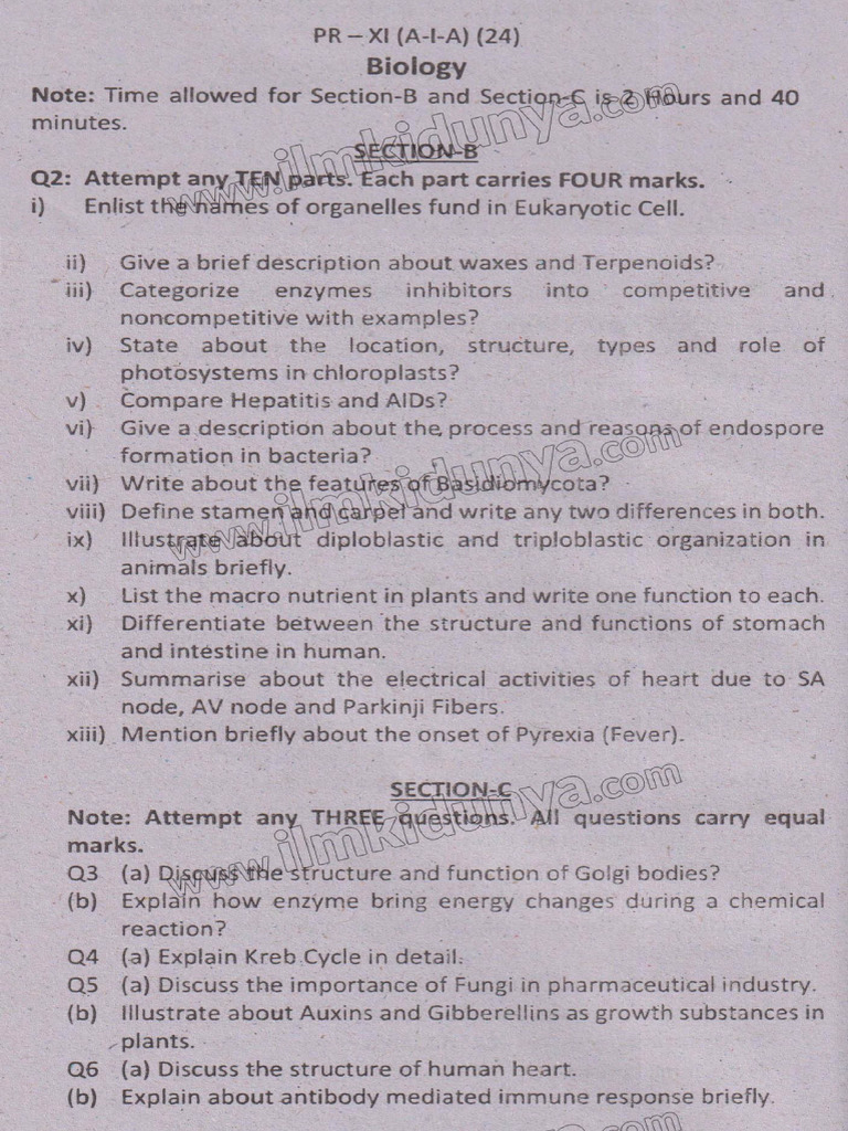Past Paper 2024 11th Class Peshawar Board Biology Subjective | PDF