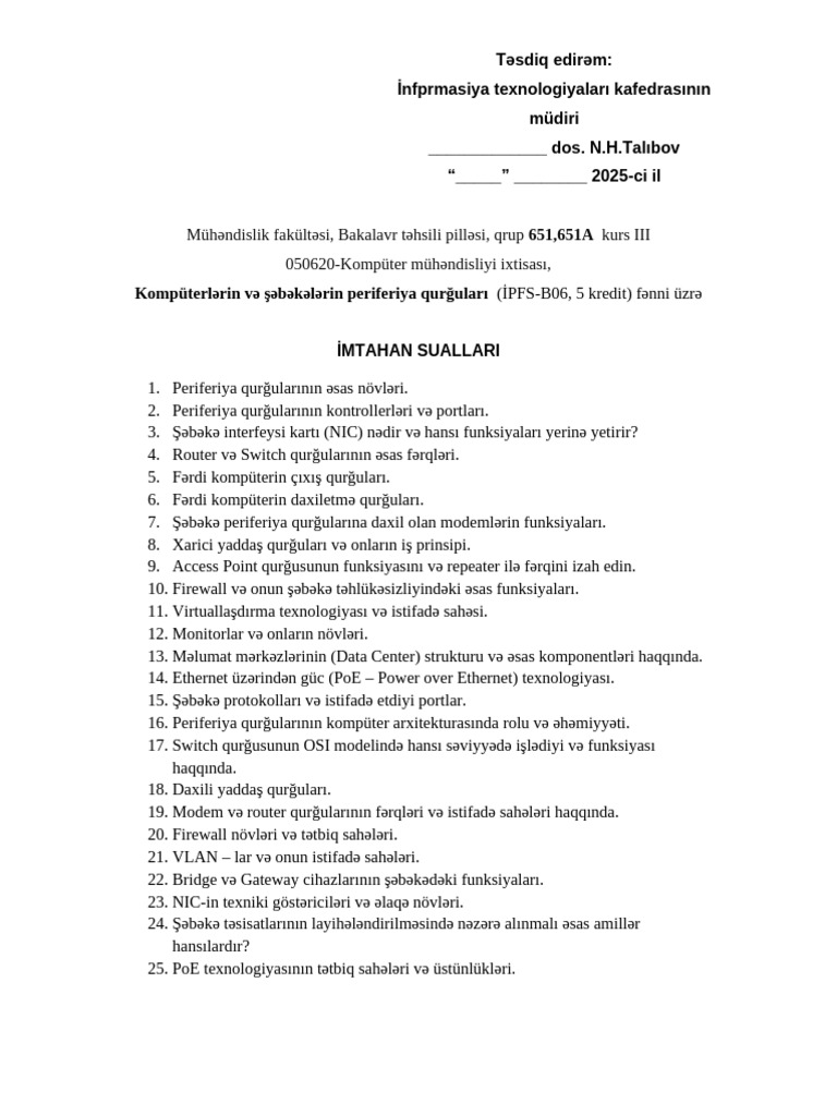 İmtahan Sualları 30 Sual 651,651A KŞPQ | PDF