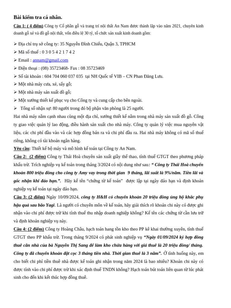 Kiem Tra Ca Nhan - TKTCHT KT4 | PDF