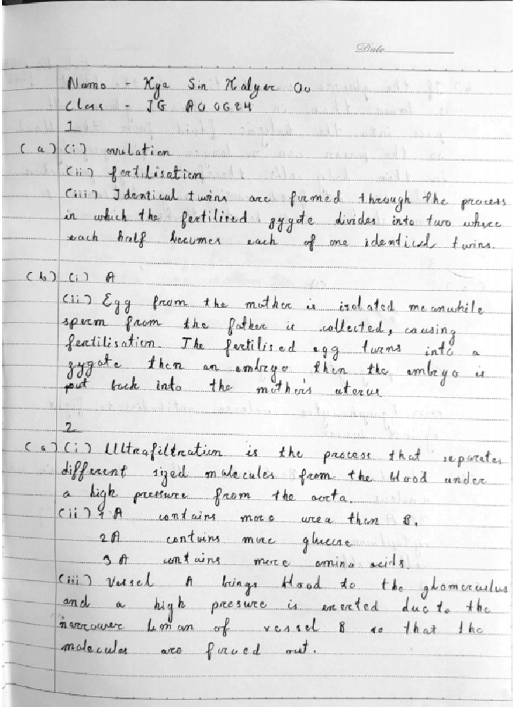 Kye Sin Kalyar Oo Test 3 Human Bio Paper 1 | PDF