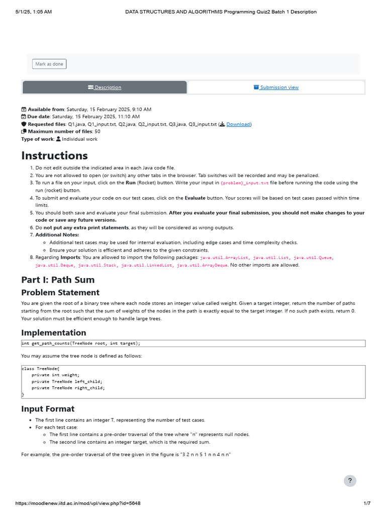 DATA STRUCTURES AND ALGORITHMS Programming Quiz2 Batch 1 Description | PDF | Computer Science ...