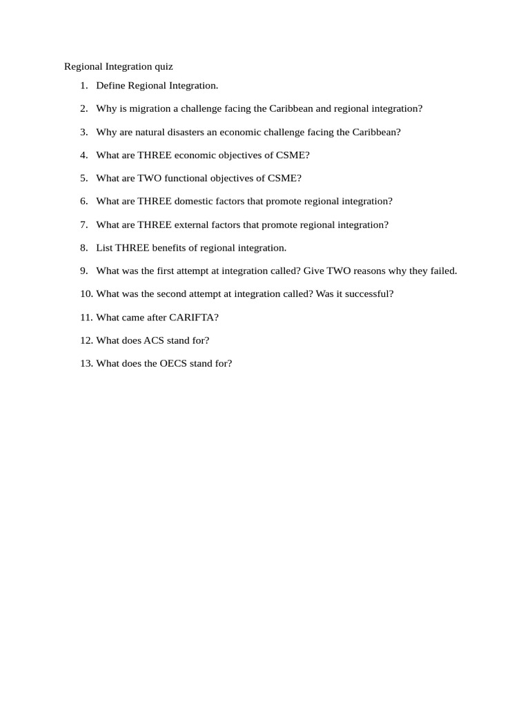 Regional Integration Quiz | PDF