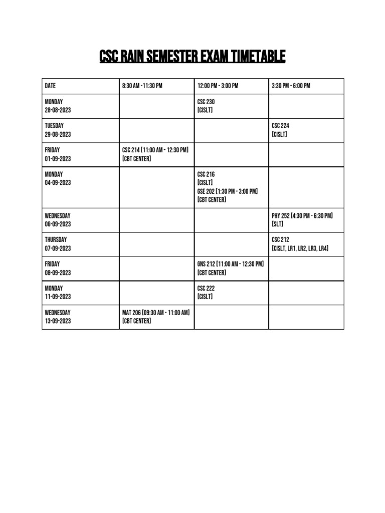 Final Rain Semester Exam Timetable For CSC | PDF