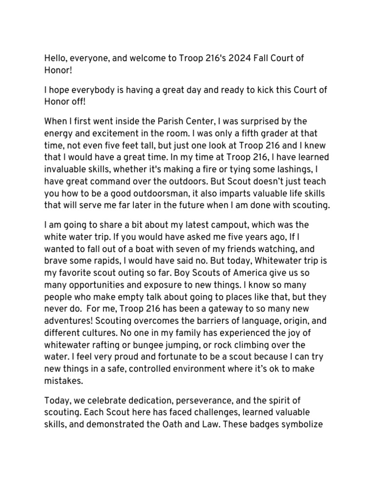 Troop 216 Welcome Speech For COH | PDF | Scouting