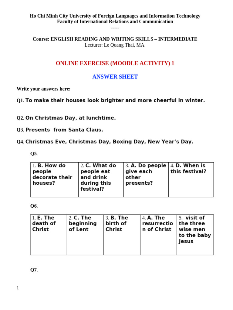 Answer Sheet - Moodle Exercise 1 | PDF