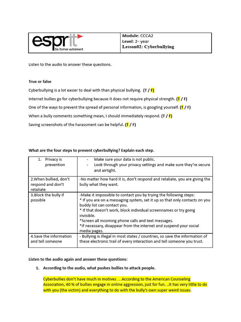 L3. Cyberbullying CCCA2 Handout Key | PDF | Cyberbullying | Bullying
