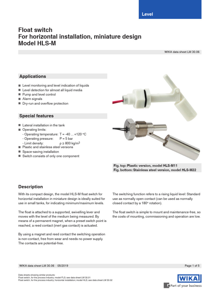 Datasheet HLS M Float Switch | PDF | Switch | Stainless Steel