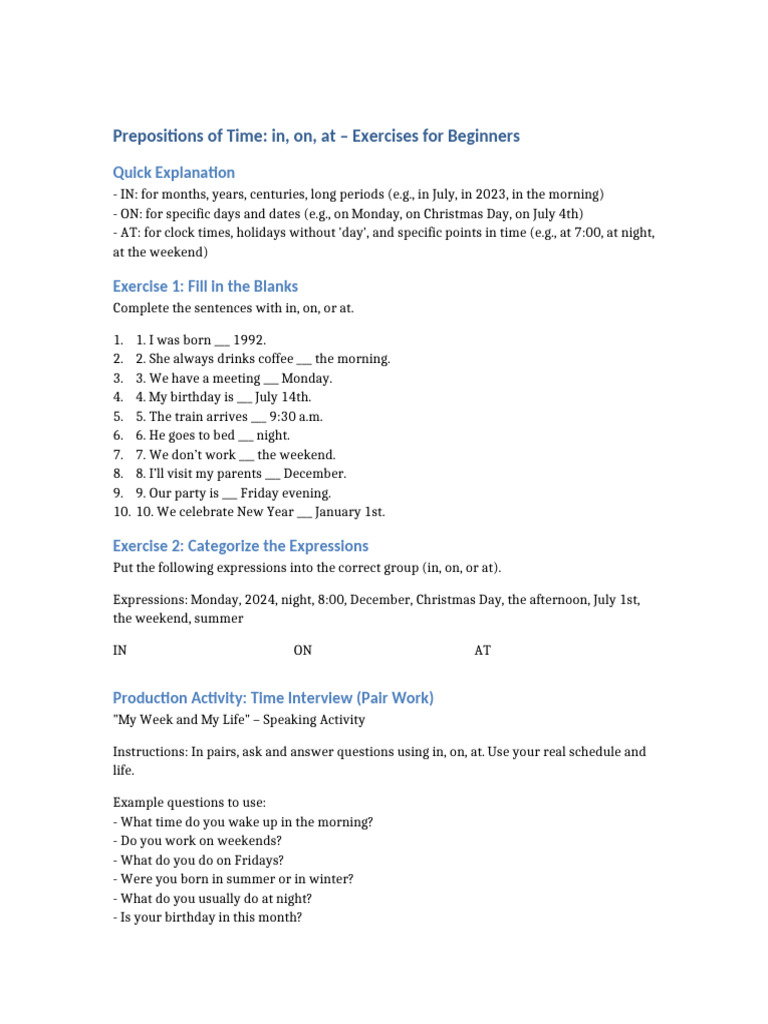 Time Prepositions Exercises for Beginners | PDF