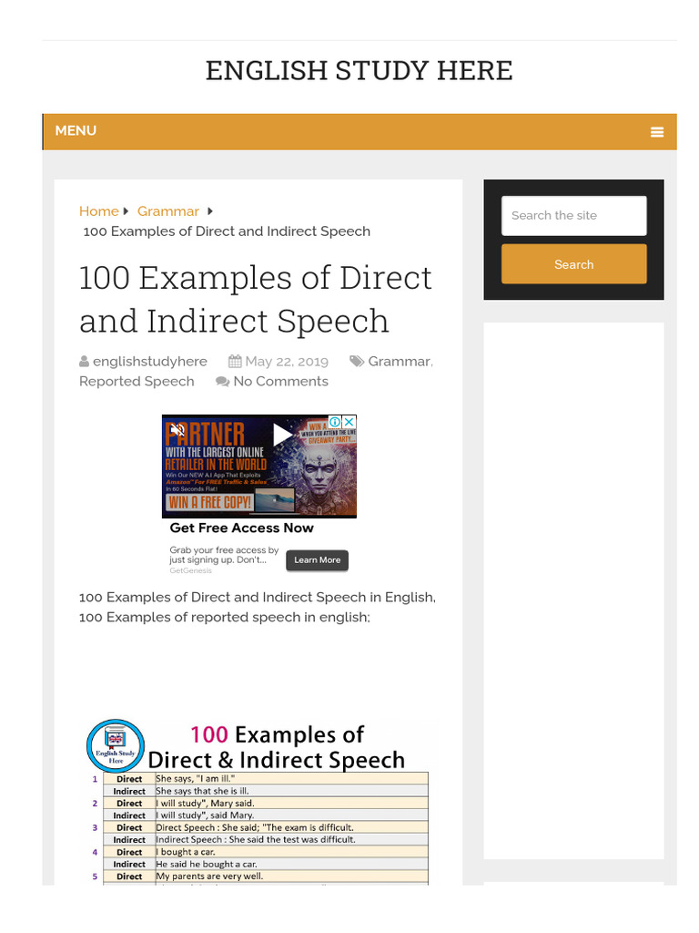 100 Direct and Indirect Speech Examples | PDF | Verb | Linguistic Typology