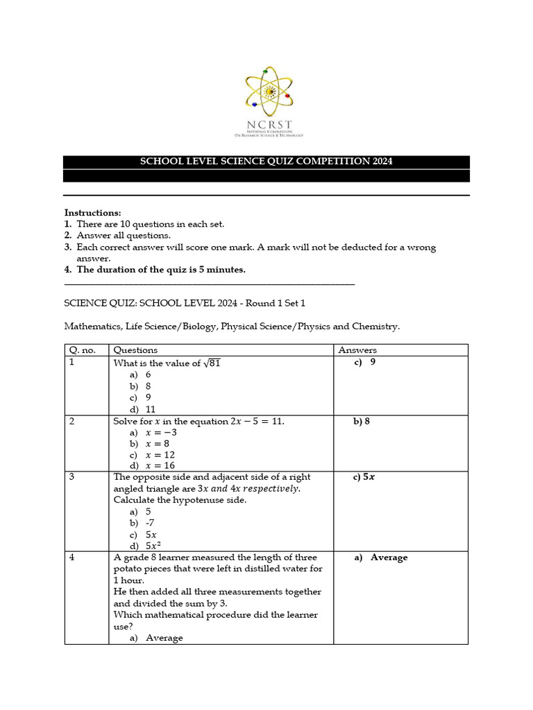 SCIENCE QUIZ ROUND 1 Memo 2024 - MS | PDF | Atomic Nucleus | Carbonate