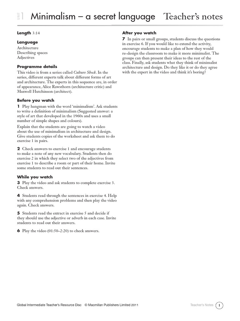 Gi Unit01c Minimalism Teacher Notes | PDF | Minimalism | Linguistics