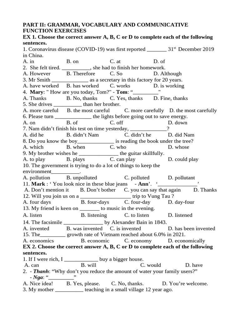 CĐỀ PART II EXERCISES (GR + VOC. + COMMU.) HĐ 22-23 | PDF
