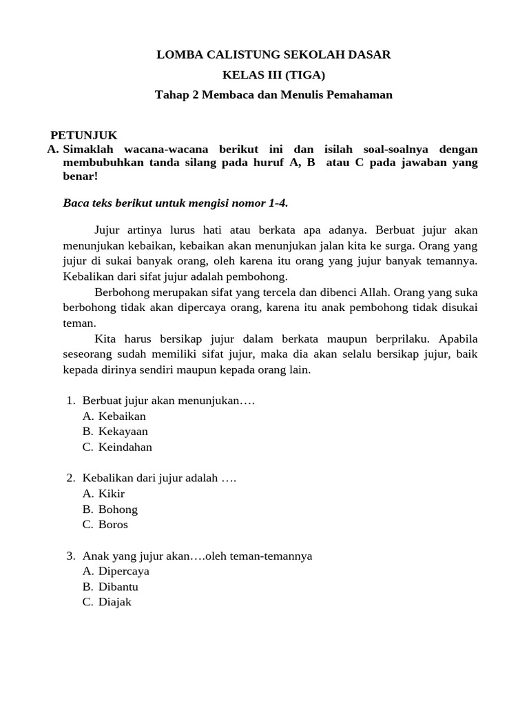 Lomba Calistung SD Kelas 3: Soal dan Petunjuk | PDF