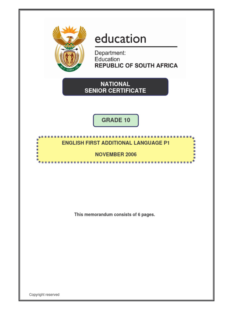 Grade 10 English Fal Paper 1 Exemplar 2006 November Final Memorandum ...