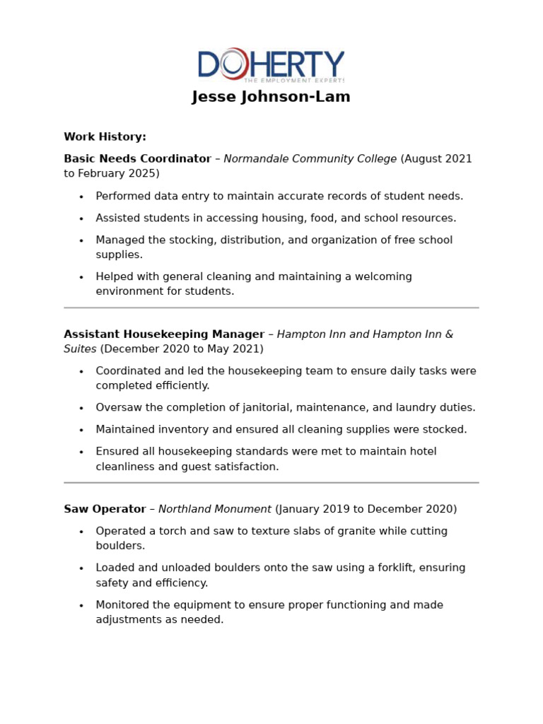 Jesse Johnson-Lam Resume | PDF | Housekeeping