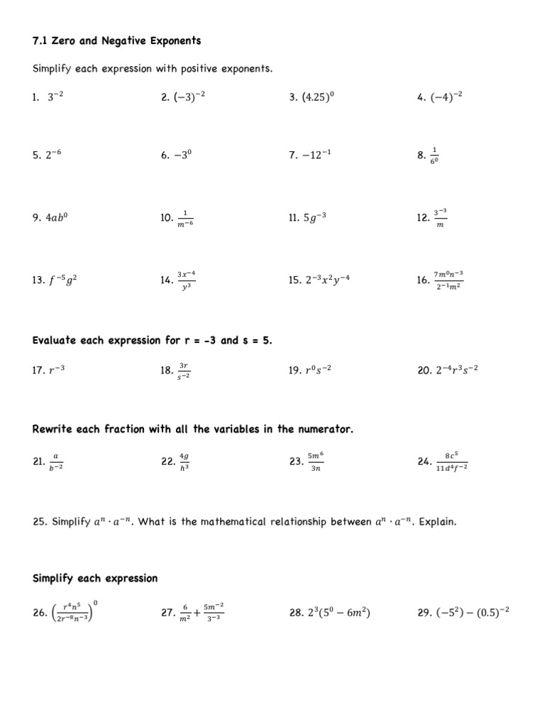 7.1 Zero and Negative Exponent Practice | PDF