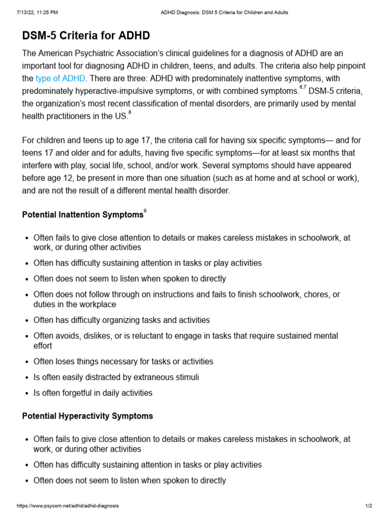 ADHD Diagnosis - DSM 5 Criteria For Children and Adults | PDF | Attention Deficit Hyperactivity ...
