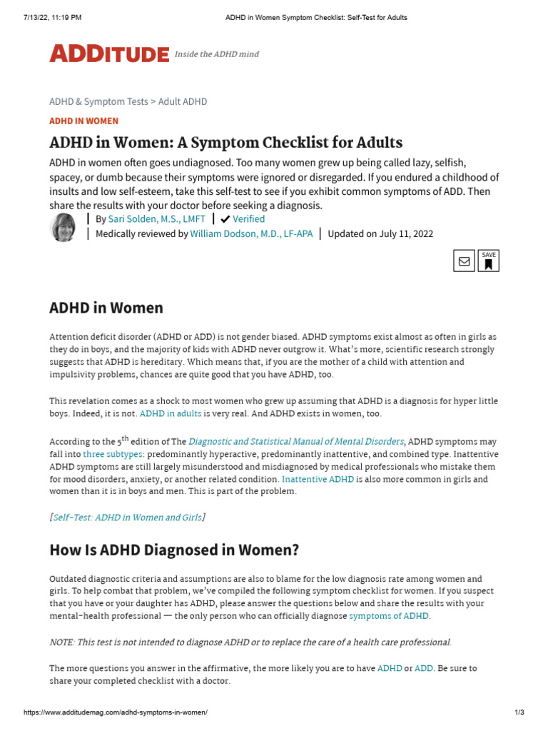 ADHD in Women Symptom Checklist - Self-Test For Adults | PDF ...
