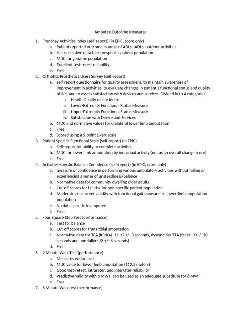 Amputee Outcome Measures | PDF | Prosthesis | Self Report Study