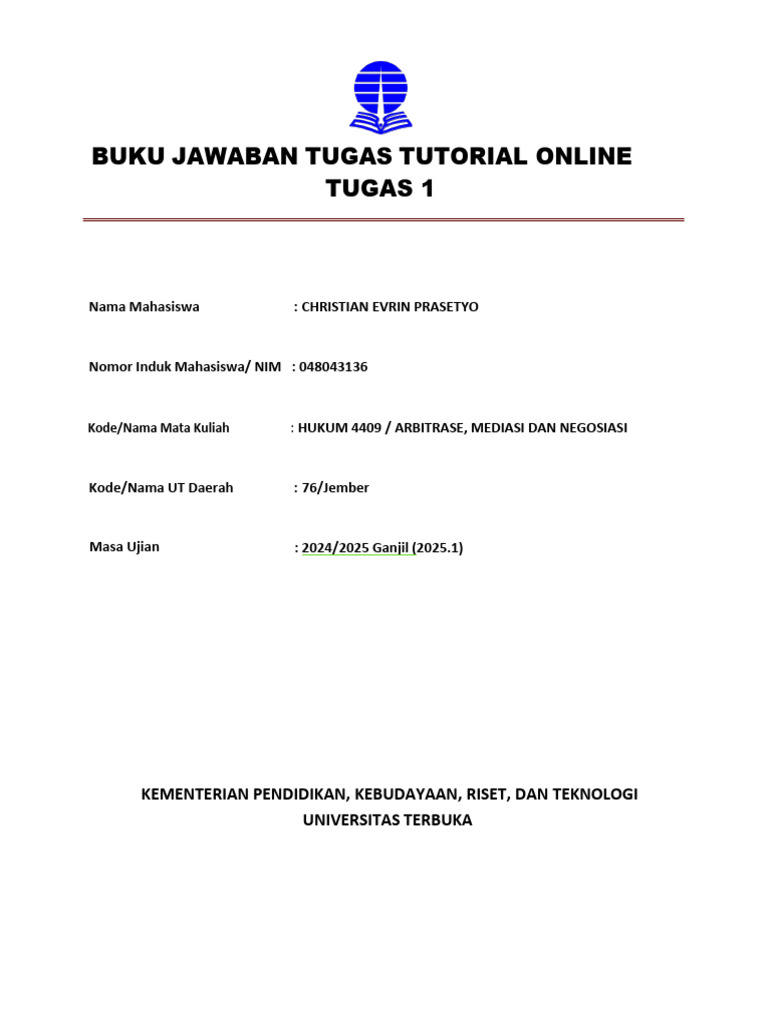 Tugas 1 Hukum 4409 Arbitrase, Mediasi Dan Negosiasi | PDF