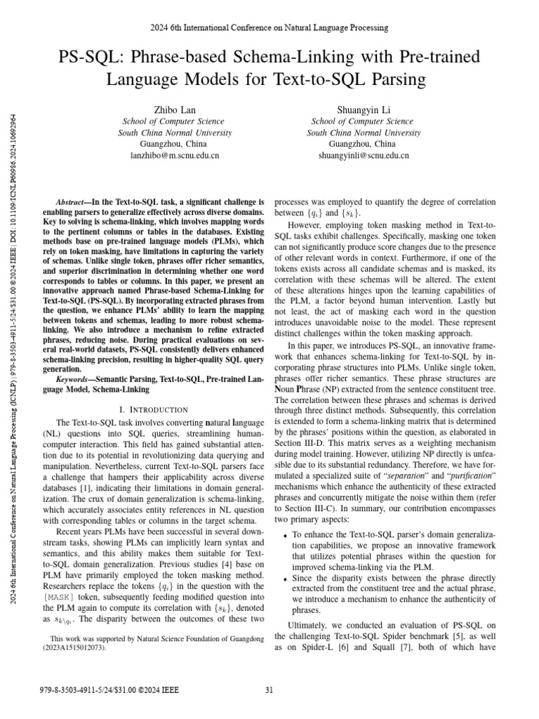 PS-SQL Phrase-Based Schema-Linking With Pre-Trained Language Models For Text-to-SQL Parsing ...