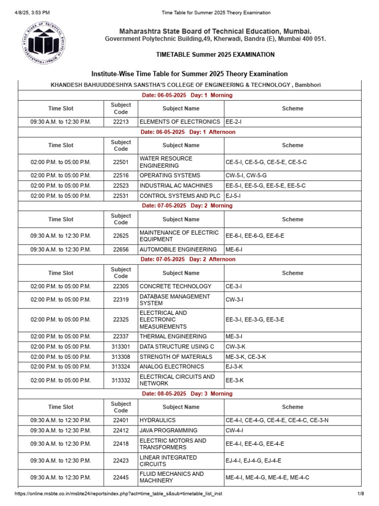 Time Table For Summer 2025 Theory Examination | PDF | Engineering ...