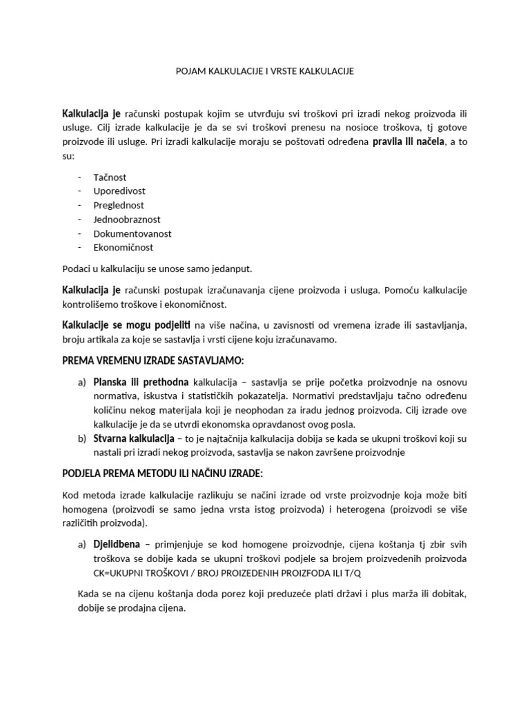 KALKULACIJA Pojam I Vrste | PDF