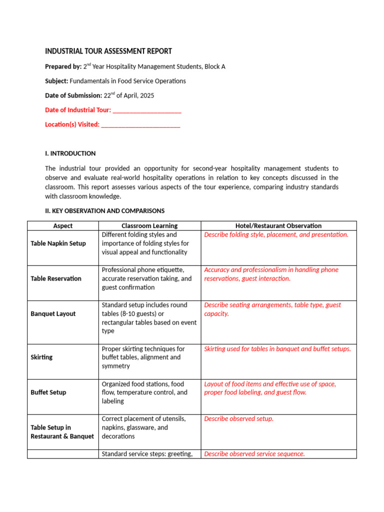 INDUSTRIAL-TOUR-ASSESSMENT-REPORT | PDF | Menu | Restaurants