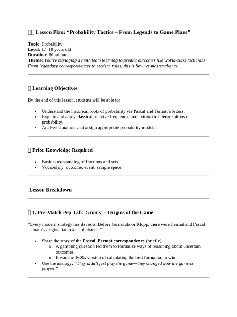 ? Lesson Plan-Probability-Introduction-Grade-12 | PDF | Probability ...