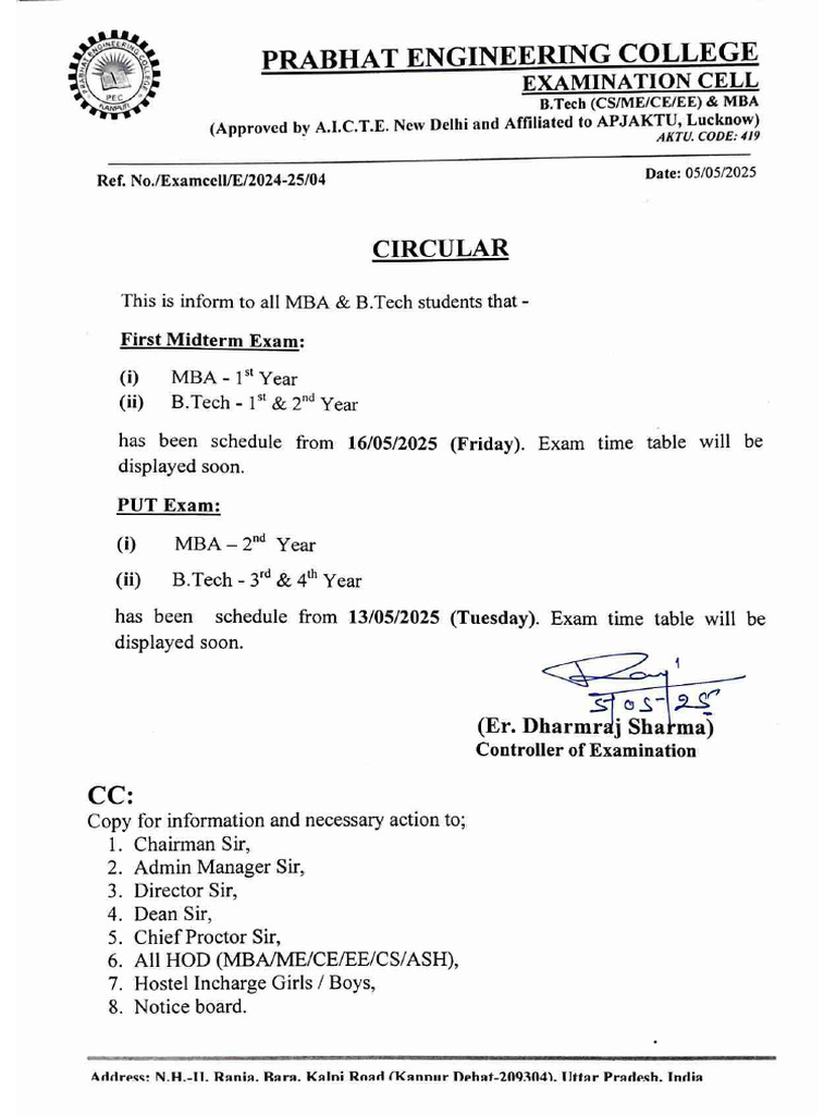 Circular For (PUT & First Midterm) Exam Even Semester 2024-25 | PDF